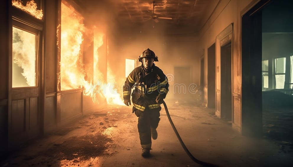 One Firefighter in Protective Suit Spraying Fire with Hose Generated by ...