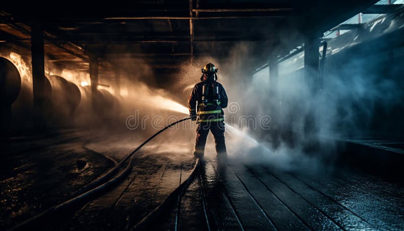 One Firefighter Spraying Water on Burning Factory, Protecting Against ...