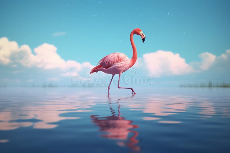 One Flamingo Standing Peacefully Alone in the Water by Cloudy Sunset ...