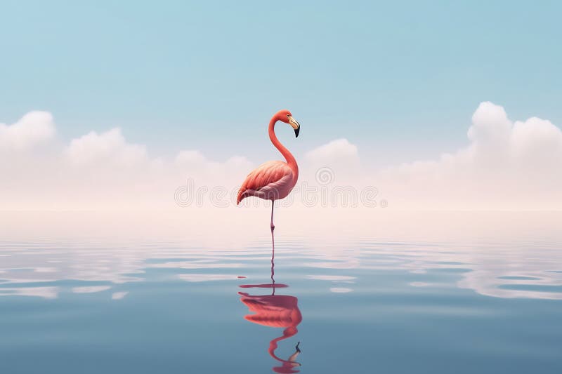 One Flamingo Standing Peacefully Alone in the Water by Cloudy Sunset ...