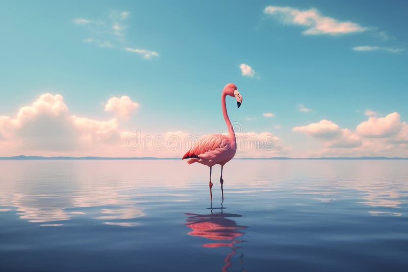 One Flamingo Standing Peacefully Alone in the Water by Cloudy Sunset ...