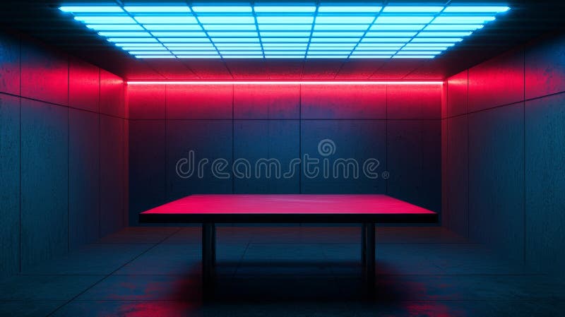 One Fluorescent Light Illuminates a Dim Room with a Table and Two ...