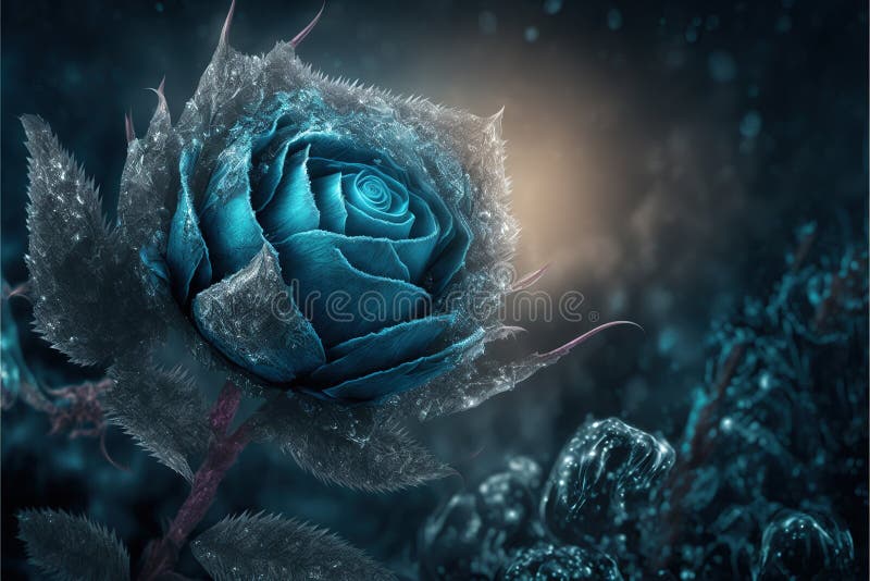 One Frozen Blue Rose Hidden in Bush with Ice Crystals by AI Generated ...