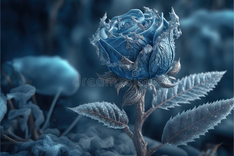 One Frozen Blue Rose Hidden in Bush with Ice Crystals by AI Generated ...