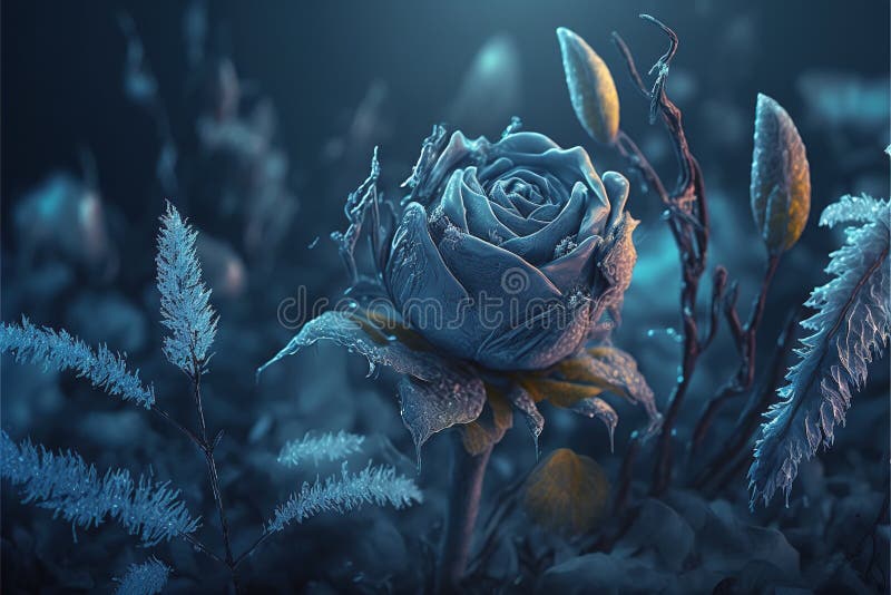 One Frozen Blue Rose Hidden in Bush with Ice Crystals by AI Generated ...