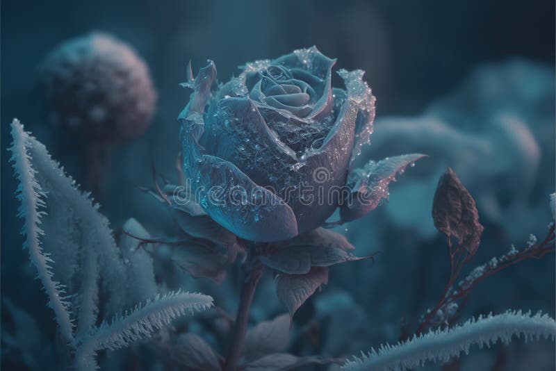 One Frozen Blue Rose Hidden in Bush with Ice Crystals by AI Generated ...