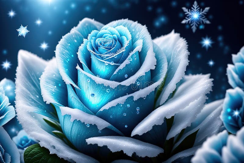 One Frozen Blue Rose Hidden in Bush with Ice Crystals by AI Generated ...