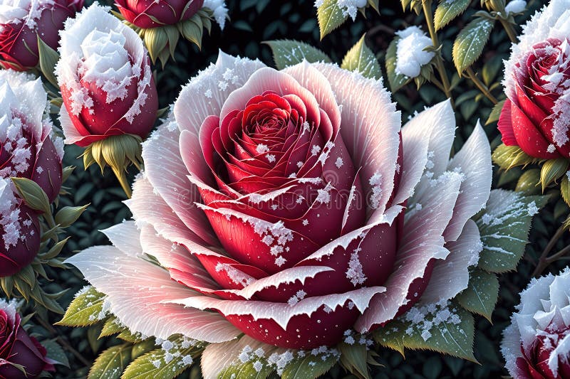 One Frozen Red Rose Hidden in Bush with Ice Crystals by AI Generated ...