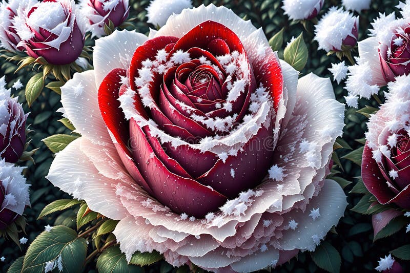 One Frozen Red Rose Hidden in Bush with Ice Crystals by AI Generated ...