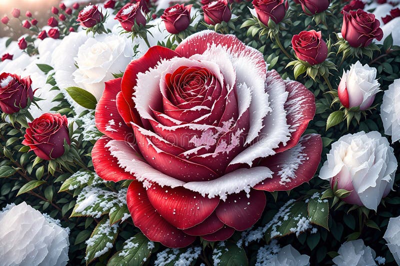One Frozen Red Rose Hidden in Bush with Ice Crystals by AI Generated ...