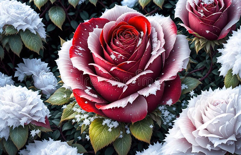 One Frozen Red Rose Hidden in Bush with Ice Crystals by AI Generated ...