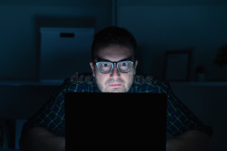 One Geek Guy Using Laptop at Night Stock Photo - Image of male, nerd ...