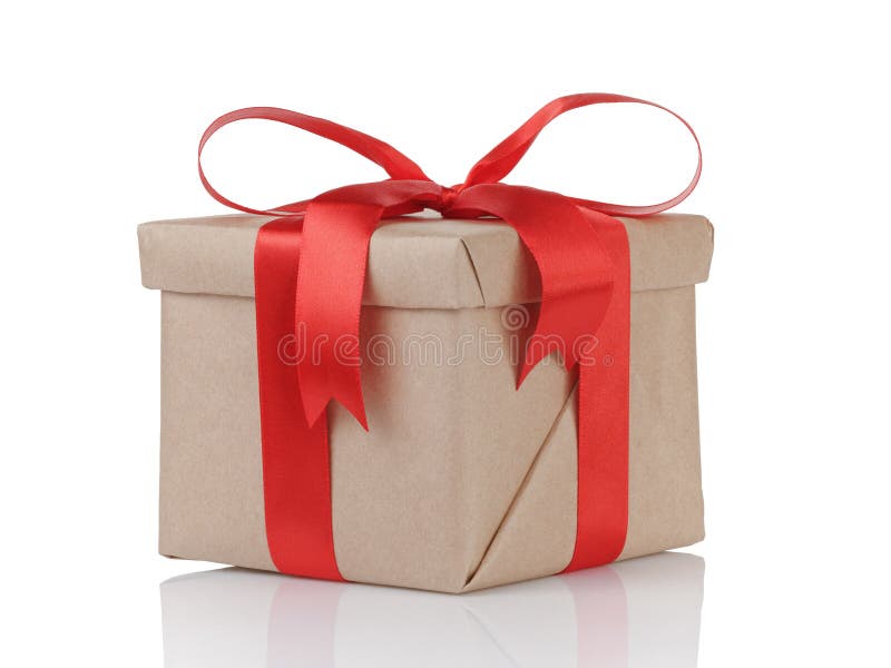 One Gift Christmas Box Wrapped With Kraft Paper And Red Bow Stock Image ...