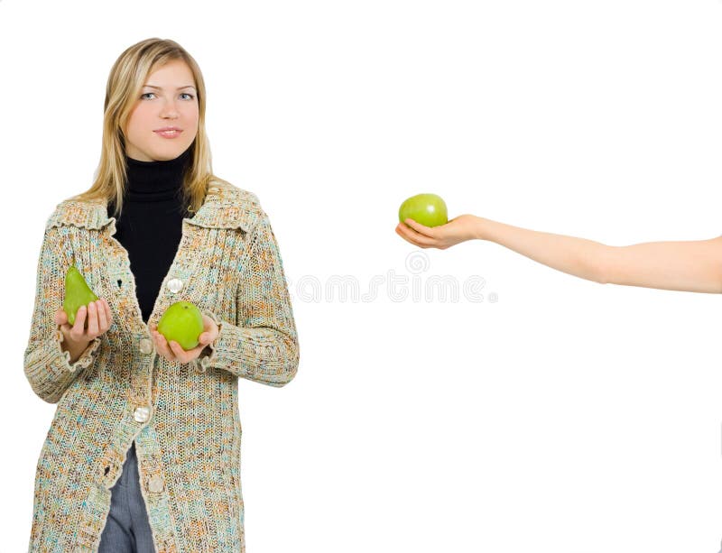 One Girl Gives an Apple To a Another Stock Image - Image of colorful ...