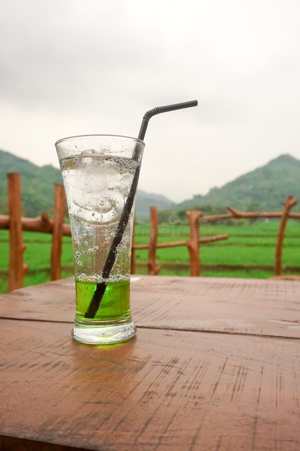 One Glass of Fresh Melon Squash Drink on a Table with Rice Fields and ...