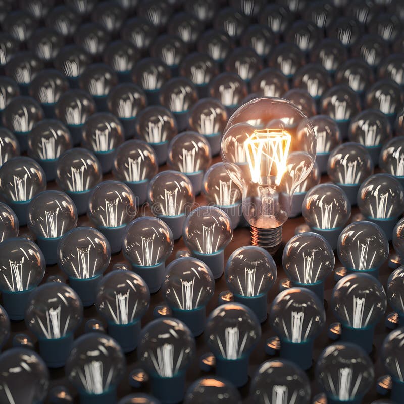 One Glowing Bulb in Grid of Light Bulbs, Warm Contrast Stock ...