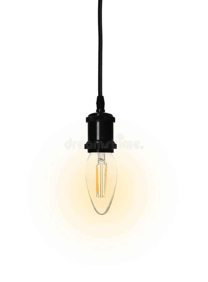 One Glowing Light Bulb Hanging on White Background Stock Image - Image ...