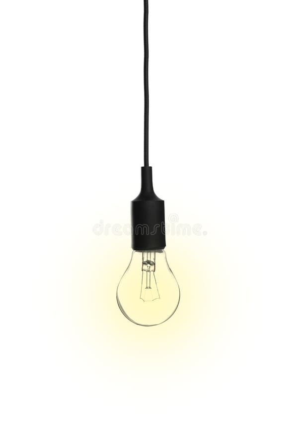 One Glowing Light Bulb Hanging on White Background Stock Image - Image ...