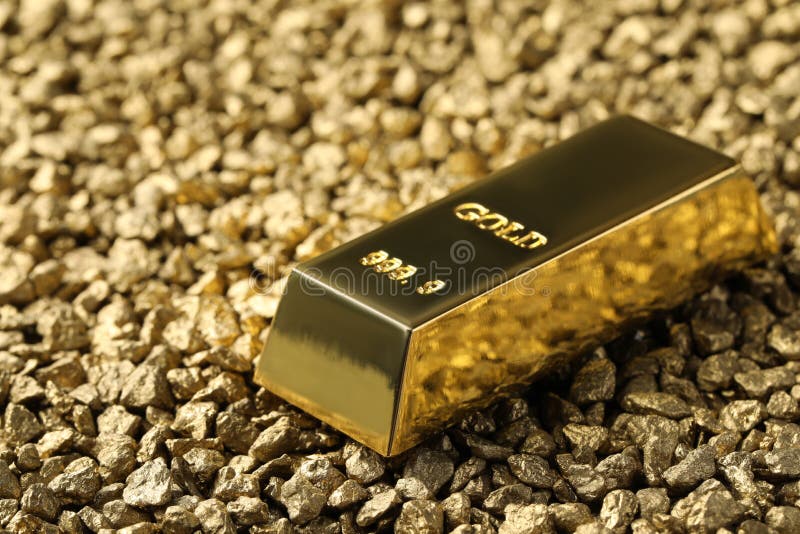 One Gold Ingot on Nuggets, Closeup View. Space for Text Stock Image ...