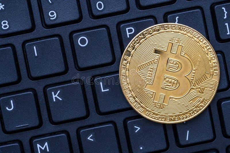 One Golden Bitcoin on Dark Keyboard of Computer Stock Photo - Image of ...
