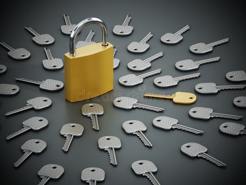 One Golden Key among Many Iron Keys. 3D Illustration Stock Illustration ...