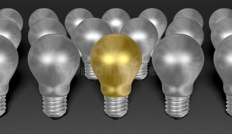 One Golden Light Bulb among Many Silver Ones on Grey Textured ...
