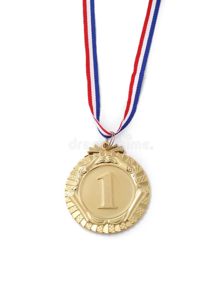 One Golden Medal Isolated on White, Top View Stock Photo - Image of ...