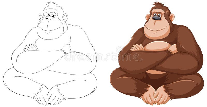 One Gorilla Outline and One Gorilla Color Stock Vector - Illustration ...