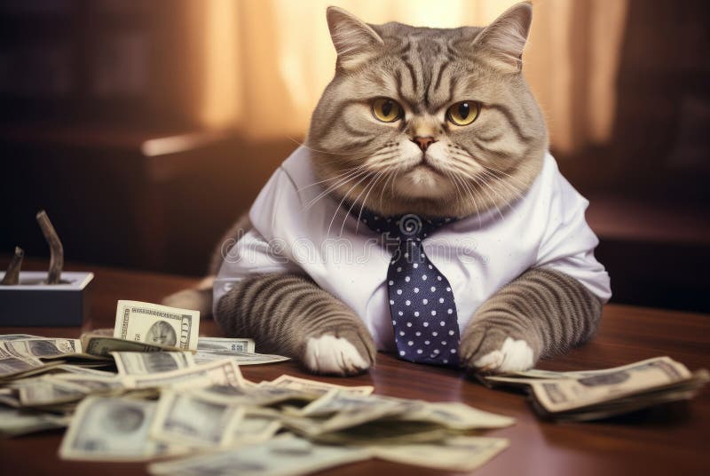 One Greedy Fat Cat Sits at Table and Counts Money Stock Illustration ...