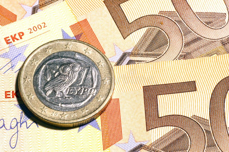 One Greek Euro Coin & Banknotes Stock Photo - Image of money, little ...