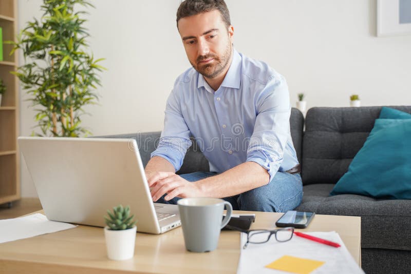 One Guy Working from Home Using Internet Connection Stock Image - Image ...