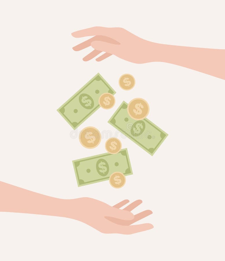 One Hand Giving To Another Hand Coins and Bills. Vector Illustration ...