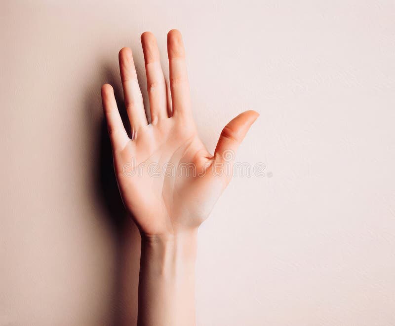 One Hand Raised Against Room Wall Background and Empty Space for Text ...