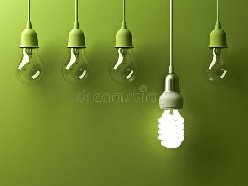 One Hanging Energy Saving Light Bulb Glowing Different Stand Out from ...