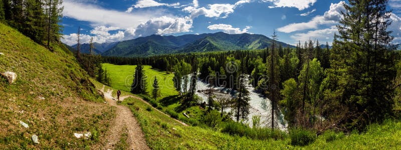 One Hiker on Trek in Mountains Stock Image - Image of adventure ...