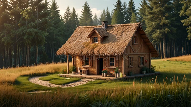 One House on the Left and Another with a Thatched Roof AI Generated ...