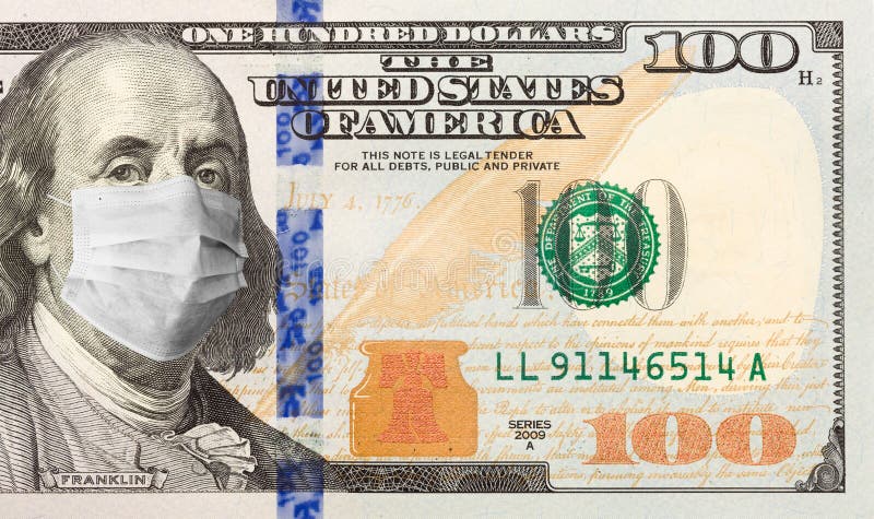 One Hundred Dollar Bill with Medical Face Mask on Benjamin Franklin ...