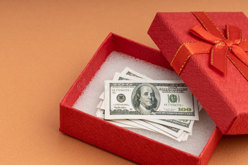 One Hundred Dollar Bills in a Red Gift Box Stock Image - Image of ...
