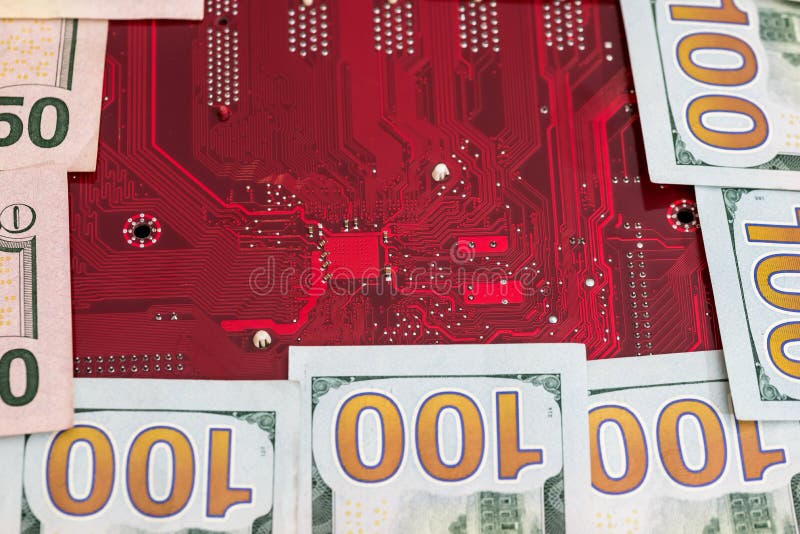 One Hundred Dollar with Red Computer Motherboard Stock Image - Image of ...