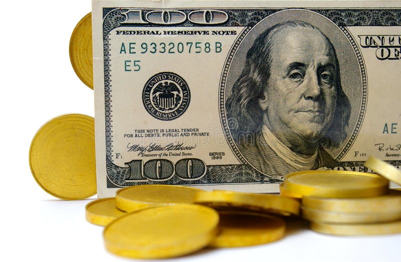 One Hundred Dollars and Gold Stock Photo - Image of coin, bill: 7442302