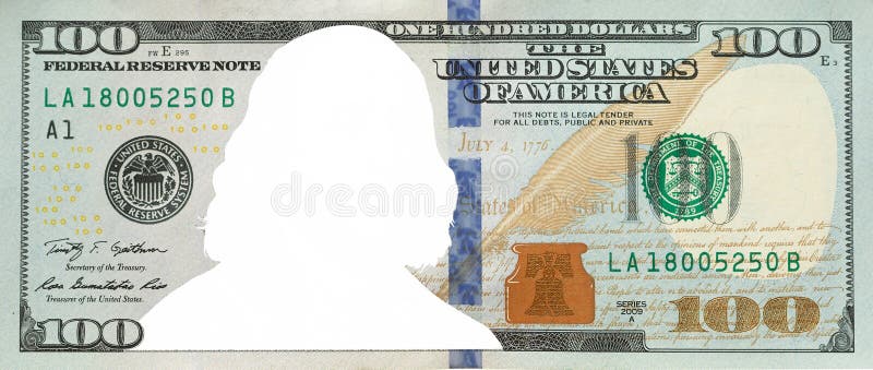 One Hundred Dollar Bill without Benjamin Franklin Portrait. Clipping ...