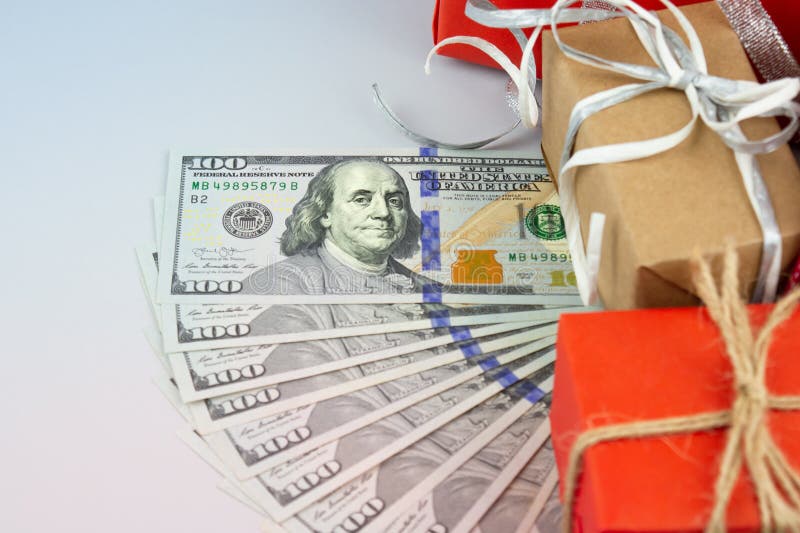 One Hundred US Dollar Bills with Gift Boxes Stock Image - Image of cash ...