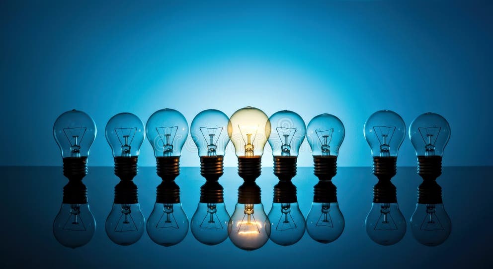 One Illuminated Light Bulb Standing Out among Unlit Bulbs on Reflective ...