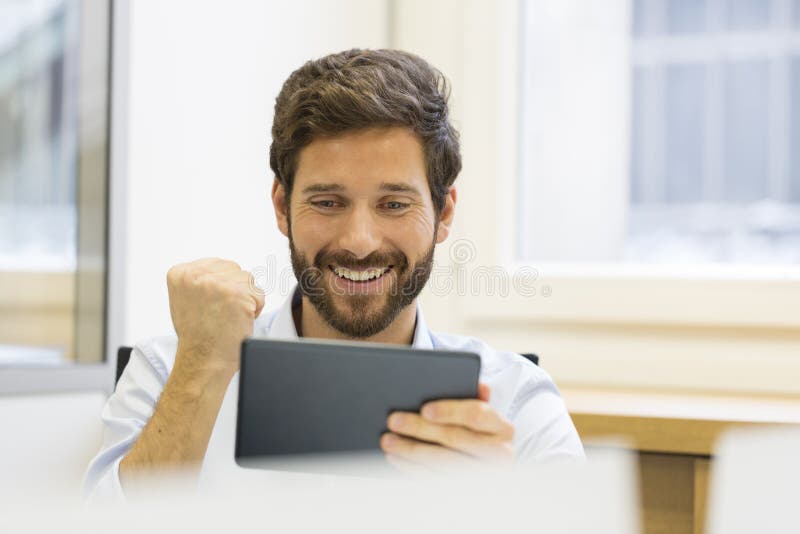 One Joyful Man Holding Digital Tablet Stock Photo - Image of human ...
