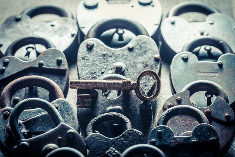 One Key and Many Padlocks As Concept Image Stock Image - Image of iron ...