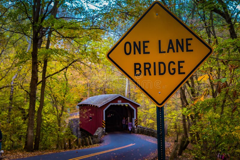 One Lane Bridge Sign at Kurtz Mill Covered Bridge Stock Photo - Image ...
