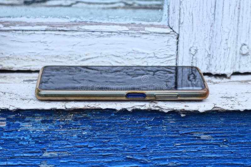 One Large Black Rectangular Smartphone Stock Photo - Image of table ...