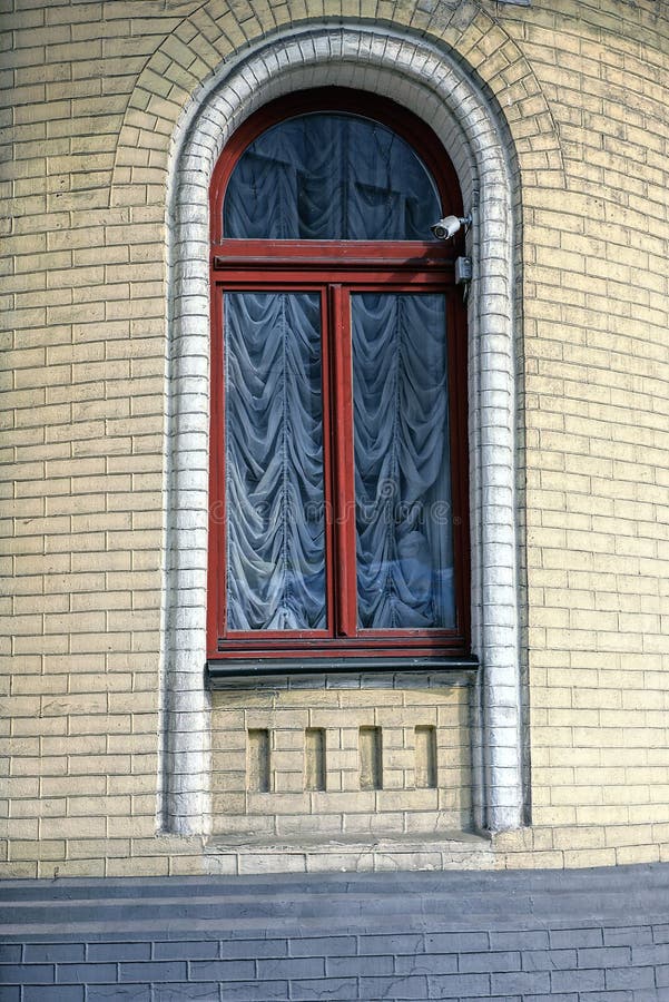 One Large Red Rectangular Window with White Curtains Behind Glass Stock ...