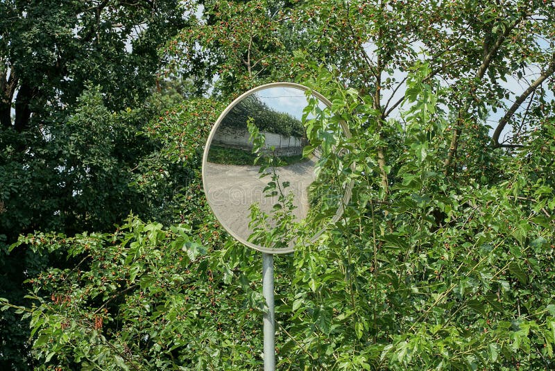 One Large Round Observation Mirror on a Pole Outside Stock Image ...