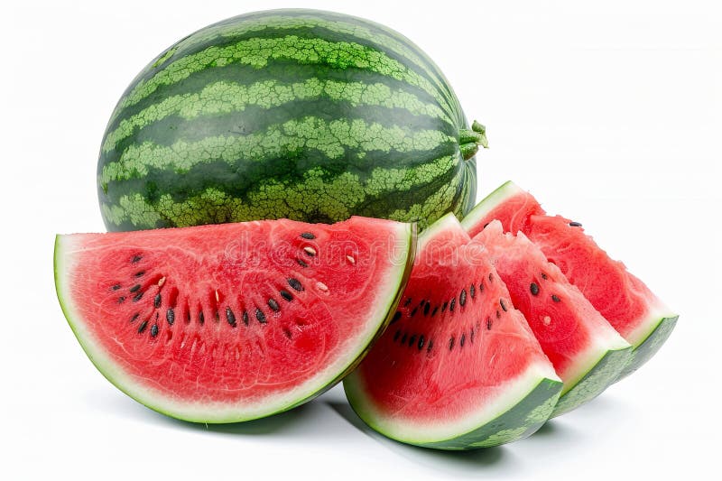 One Large Whole Watermelon and One Cut on a White Background Stock ...